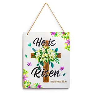 easter he is risen door sign, 9.8″x11.8″ cross religious hanging wood door sign with rope rustic decorations door hanging sign for wall door home spring decor