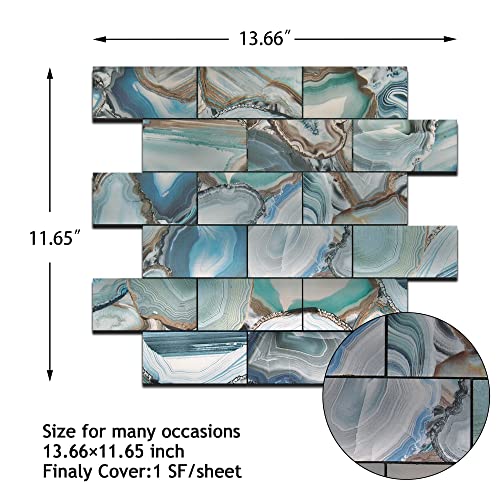 Kieacia 10-Sheet Peel and Stick Kitchen Backsplash Tiles, PVC Self-Adhesive Mosaic Tile Blue and Green Agate Color for Kitchen Bathroom Vanity Tabletop Fireplace