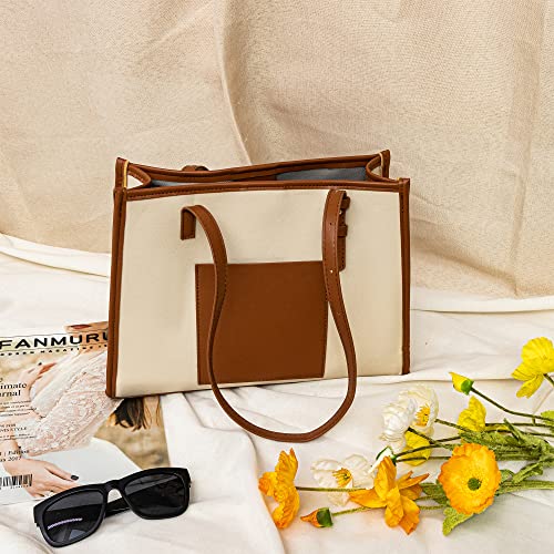 Tote Bag, PU Tote Bag for Women with Zipper Pocket Lightweight Shoulder Bag Handbag for Work, Office, School,Gym,Beach,Travel (Beige)