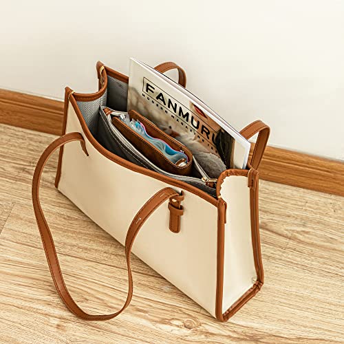 Tote Bag, PU Tote Bag for Women with Zipper Pocket Lightweight Shoulder Bag Handbag for Work, Office, School,Gym,Beach,Travel (Beige)