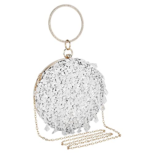 Tanpell Womens Evening Bag Round Beaded Clutch Handbag Sequins Bridal Wedding Purse for Cocktail Party (Silver)