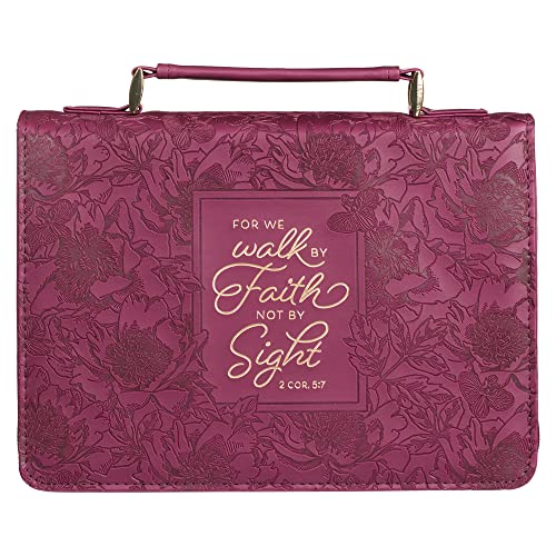 Christian Art Gifts Protective Maroon Floral Faux Leather Bible Cover Carry Case with Handle for Women: Walk by Faith - 2 Corinthians 5:7 Inspirational Bible Verse Zippered with Pocket, Medium