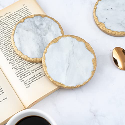 Dear Casa Gold Edge Coasters for Coffee Table (Round) —Set of 6— Handcrafted Real Solid White Marble Coasters— Perfect as Drink Coasters Housewarming Gift — Modern Coasters for Drinks (Round)