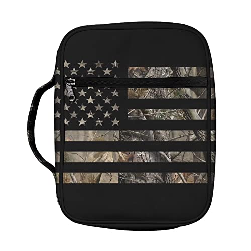 FKELYI Bible Cover,Camo Hunting American Flag Bible Case,Bible Bag for Women Carrying Book Case Church Bag with Handle and Zipper Pocket for Standard Size Bible