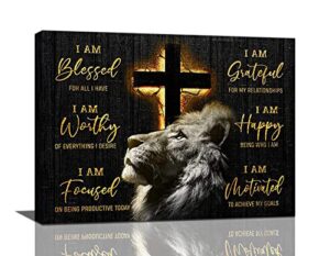 lion motivational canvas wall art christian cross lion wall decor jesus lion of judah pictures prints inspirational scripture gifts home framed artwork for living room bedroom bathroom 16″x12″