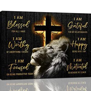 Lion Motivational Canvas Wall Art Christian Cross Lion Wall Decor Jesus Lion of Judah Pictures Prints Inspirational Scripture Gifts Home Framed Artwork for Living Room Bedroom Bathroom 16"x12"