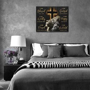 Lion Motivational Canvas Wall Art Christian Cross Lion Wall Decor Jesus Lion of Judah Pictures Prints Inspirational Scripture Gifts Home Framed Artwork for Living Room Bedroom Bathroom 16"x12"