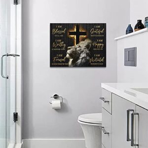 Lion Motivational Canvas Wall Art Christian Cross Lion Wall Decor Jesus Lion of Judah Pictures Prints Inspirational Scripture Gifts Home Framed Artwork for Living Room Bedroom Bathroom 16"x12"