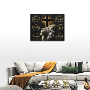 Lion Motivational Canvas Wall Art Christian Cross Lion Wall Decor Jesus Lion of Judah Pictures Prints Inspirational Scripture Gifts Home Framed Artwork for Living Room Bedroom Bathroom 16"x12"