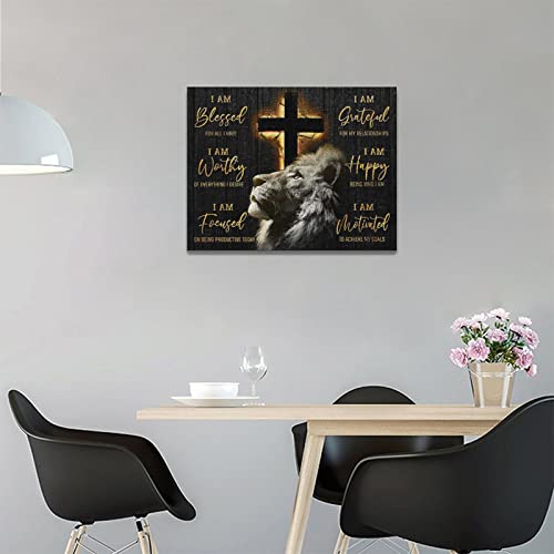 Lion Motivational Canvas Wall Art Christian Cross Lion Wall Decor Jesus Lion of Judah Pictures Prints Inspirational Scripture Gifts Home Framed Artwork for Living Room Bedroom Bathroom 16"x12"