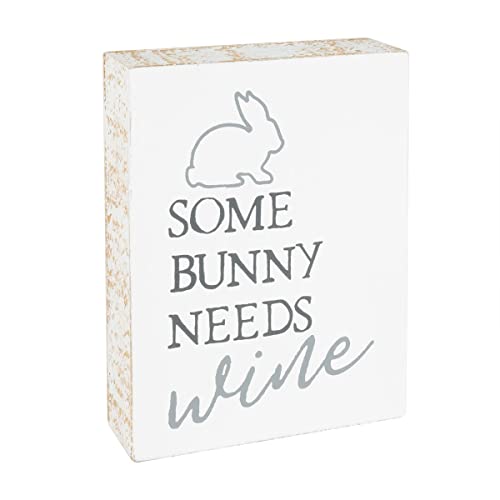 Collins Painting 'Some Bunny Needs Wine' Funny Spring/Easter Block Sign, White, Grey, Brown