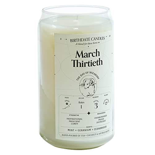 Birthdate Candles, March 30 - Aries Zodiac Scented Candles Birthday Gift - Mint, Geranium & Cedarwood Scent - All-Natural Soy & Coconut Wax, 60-80 Hour Burn Time - Made in USA