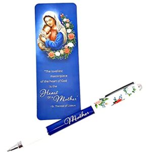 Heart of a Mother Madonna and Child Rollerball Pen with Bookmark Gift Set for Catholic Moms