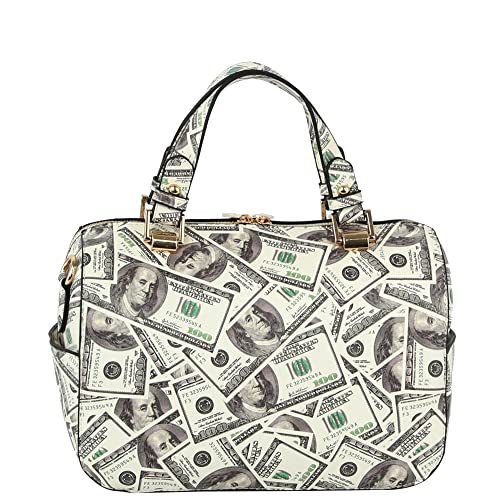 Womens Girls Hundred Dollar Bill Money Theme Novelty Satchel Purse Crossbody Clutch Shoulder Bag (2-in-1 Barrel Satchel)