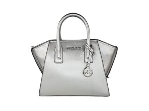 michael kors avril small top zip satchel shoulder crossbody leather bag (silver)