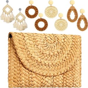 saintrygo women’s straw clutch purse and 4 pairs rattan earrings summer beach clutch purse handbag straw envelope bag wallet woven bag geometric tassel woven bohemian earrings