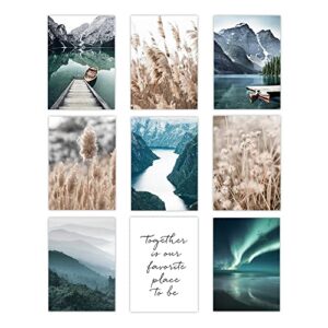 canssape set of 9 nature mountain wall art green lake picture prints for wall decor home decorations for living room love travel posters botanical wall art prints 8x10in(unframed)(blue)