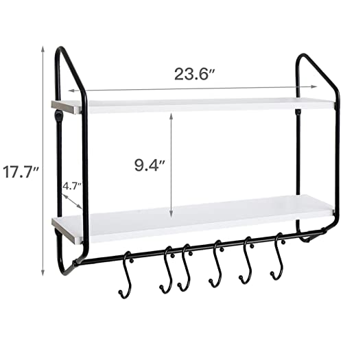 BOLUO Kitchen Wall Shelf Bathroom Shelves with Hooks 24 inches Long Modern Coffee Bar Shelfs Floating Shelve, Black and White (604-60W)