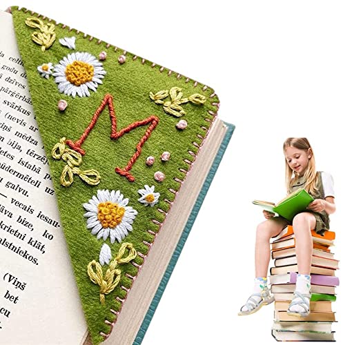 Personalized Bookmark Hand Embroidered Corner Bookmark, Cute Flower Letter Embroidery Bookmarks, Felt Triangle Page Corner Handmade Bookmark, Bookmarks for Book Lovers (G, Summer)