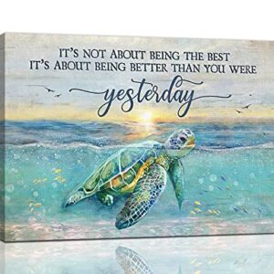 Sea Turtle Decor Wall Art Beach Ocean Decor Sea Turtle Pictures Canvas Prints Coastal Turquoise Turtle Bathroom Wall Decor Inspirational Quote Painting Modern Artwork Home Decor for Bathroom 16"x12"