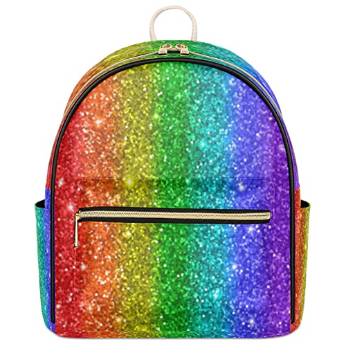 Rainbow Mini Backpack Purse for Women, Rainbow Sequins Leather Small Backpack Casual Travel Daypacks Shoulder Bag for Girls Teen