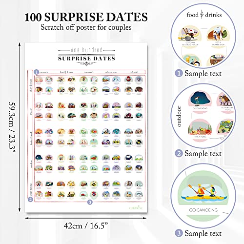 Kurprise 100 Surprise Bucket List Dates Scratch Off Poster with Fun, Interactive Date Ideas for Dating and Married Couples Games, Creative Custom Categories, Inspires Romance and Love