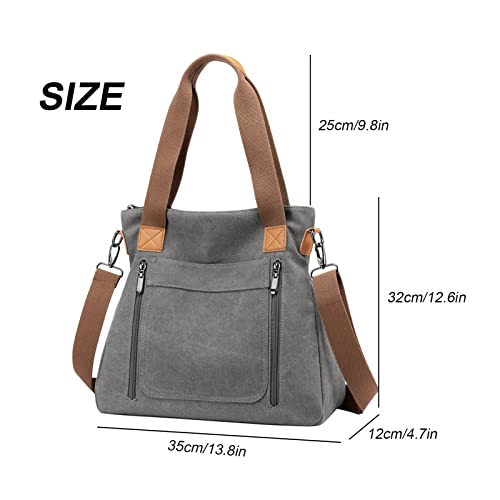 ZHIERNA Women's Canvas Tote Purse Shoulder Bag, Large Crossbody Bag Handbag with Multi-pocket(Grey)