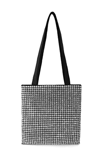 Crystal Rhinestone Tote Bags for Women Silver Rhinestone Bling Clutch Purse Top Handle Handbag for Women(Tote-Silver)