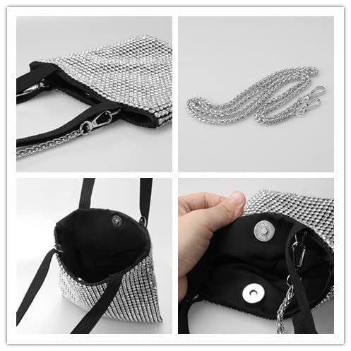 Crystal Rhinestone Tote Bags for Women Silver Rhinestone Bling Clutch Purse Top Handle Handbag for Women(Tote-Silver)