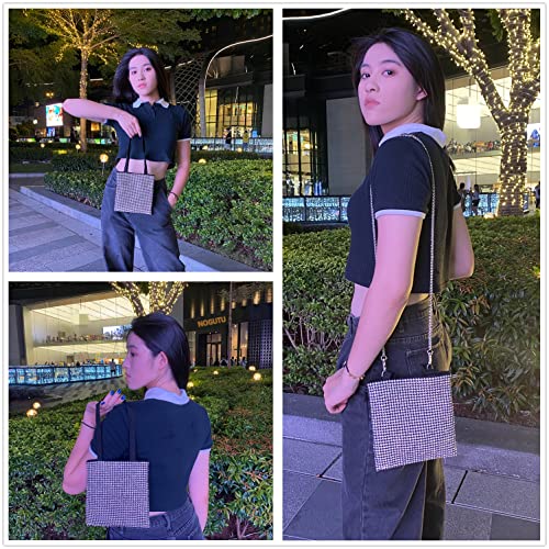 Crystal Rhinestone Tote Bags for Women Silver Rhinestone Bling Clutch Purse Top Handle Handbag for Women(Tote-Silver)