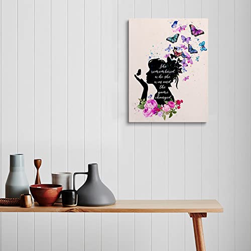 OGILRE She Remembered Who She Was And The Game Changed Inspirational Quotes Floral Butterflies Canvas Wall Art Decorations Prints, Office Bedroom Pictures 11x14 Inch FRAMED