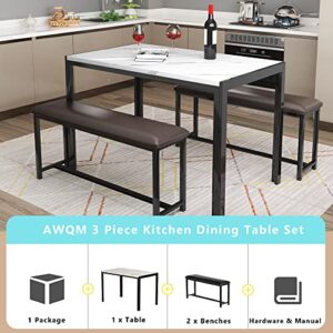 AWQM Dining Table Set 4, Metal Frame and Faux Marble Table Top, Modern 3 Piece Kitchen Table Set with 2 PU Leather Upholstered Bench for Apartment, Space-Saving Furniture, White