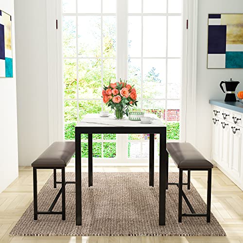 AWQM Dining Table Set 4, Metal Frame and Faux Marble Table Top, Modern 3 Piece Kitchen Table Set with 2 PU Leather Upholstered Bench for Apartment, Space-Saving Furniture, White