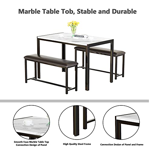 AWQM Dining Table Set 4, Metal Frame and Faux Marble Table Top, Modern 3 Piece Kitchen Table Set with 2 PU Leather Upholstered Bench for Apartment, Space-Saving Furniture, White