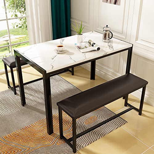 AWQM Dining Table Set 4, Metal Frame and Faux Marble Table Top, Modern 3 Piece Kitchen Table Set with 2 PU Leather Upholstered Bench for Apartment, Space-Saving Furniture, White