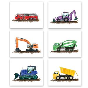 yimehdan watercolor truck wall art print- playroom or nursery boy bedroom decor-colorful cartoon construction car canvas print (set of 6)-unframed-8x10 inch