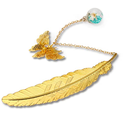 Metal Feather Bookmark,Vintage-Style Metal Feather Bookmark Gifts, Handmade 3D Butterfly and Dried Flower Bead Charms, A Suitable Gift for Women, Girls, Teacher and Readers. (Golden Feather Blue Ball)