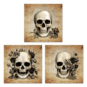 artsbay 3 pcs skull canvas wall art decor sets human skull head skeleton with vintage rose rustic gothic art prints for home boys room bedroom living room halloween day of the dead decoration