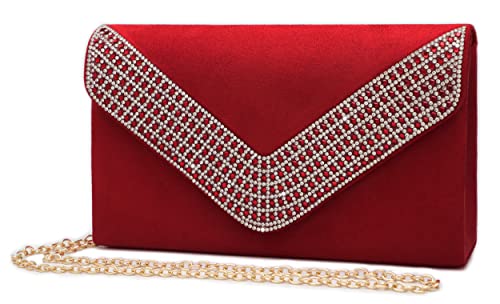 Lefrcry Women Satin Evening Bags Ladies Party Handbag for Wedding Party Handbag Rhinestone Clutch Purses RED