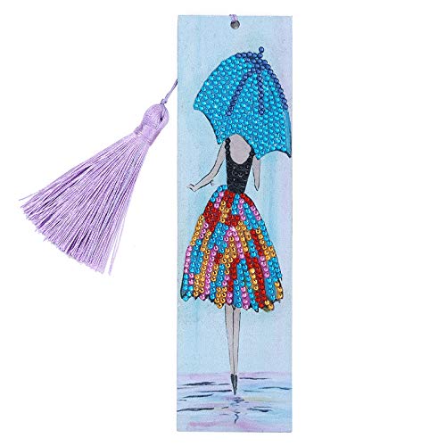 Diamond Painting Bookmarks Kits Balley Girl in Rain Umbrella Tassel Bookmark Art Craft 5D Special Shaped Crystal Rhinestones Bookmark for Kids Adults Beginner Students Gift (21x6cm)