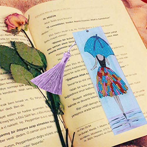 Diamond Painting Bookmarks Kits Balley Girl in Rain Umbrella Tassel Bookmark Art Craft 5D Special Shaped Crystal Rhinestones Bookmark for Kids Adults Beginner Students Gift (21x6cm)