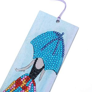 Diamond Painting Bookmarks Kits Balley Girl in Rain Umbrella Tassel Bookmark Art Craft 5D Special Shaped Crystal Rhinestones Bookmark for Kids Adults Beginner Students Gift (21x6cm)