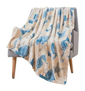 decorative ocean life coastal throw blanket: soft plush velvet fleece calming hues of blues beige tan, accent for sofa couch chair bed or dorm (ocean life)