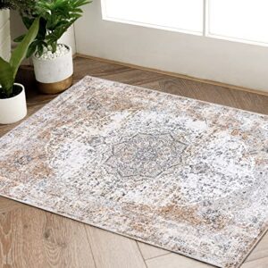 jinchan area rug 2×3 persian rug door mat taupe vintage distressed rug doormat indoor entrance traditional foldable thin rug floral print non slip carpet for kitchen bathroom bedroom living room