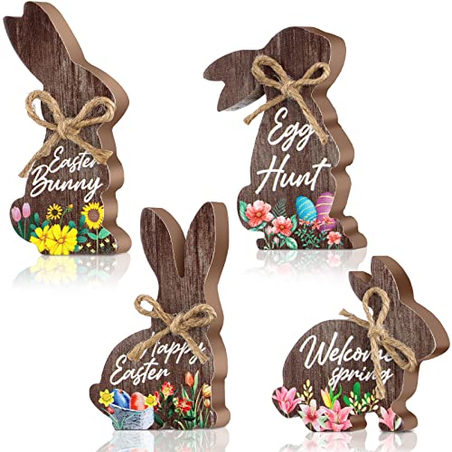 4 Pieces Easter Bunny Wood Decor Easter Natural Wood Signs Bunnies Shape Signs Easter Tabletop Decor Rustic Wood Centerpieces for Farmhouse Kitchen Dining Room (Retro Style)