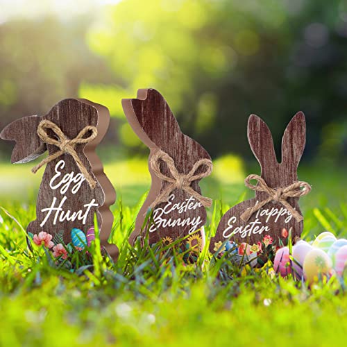 4 Pieces Easter Bunny Wood Decor Easter Natural Wood Signs Bunnies Shape Signs Easter Tabletop Decor Rustic Wood Centerpieces for Farmhouse Kitchen Dining Room (Retro Style)