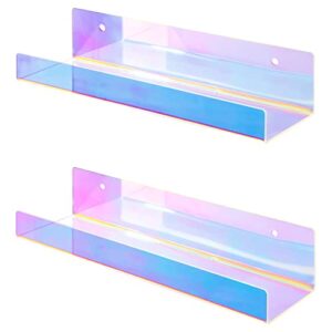 lamplig 2 pcs iridescent shelves, 15” wall mounted kids bookshelf, acrylic bookshelf for toys, rainbow acrylic floating shelves display book shelves for kids room home decor ideal