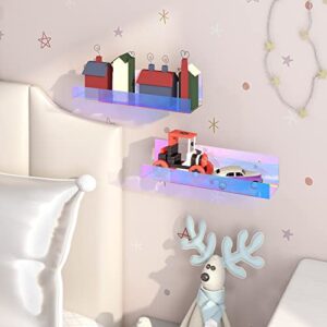 lamplig 2 Pcs Iridescent Shelves, 15'' Wall Mounted Kids Bookshelf, Acrylic Bookshelf for Toys, Rainbow Acrylic Floating Shelves Display Book Shelves for Kids Room Home Decor Ideal