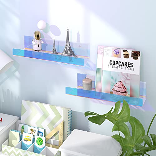 lamplig 2 Pcs Iridescent Shelves, 15'' Wall Mounted Kids Bookshelf, Acrylic Bookshelf for Toys, Rainbow Acrylic Floating Shelves Display Book Shelves for Kids Room Home Decor Ideal