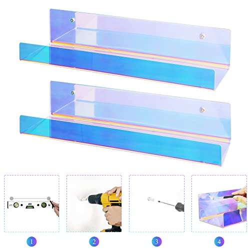 lamplig 2 Pcs Iridescent Shelves, 15'' Wall Mounted Kids Bookshelf, Acrylic Bookshelf for Toys, Rainbow Acrylic Floating Shelves Display Book Shelves for Kids Room Home Decor Ideal